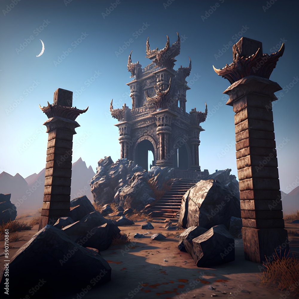 dragon temple enviroment sandy ancient stone tall pillars dust kicking ...