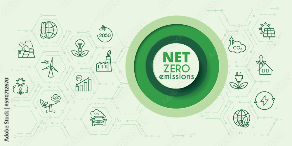 Net zero and carbon neutral concept. Hexagon banner on green background ...