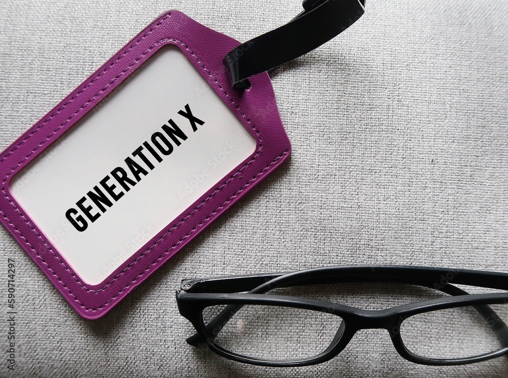 Purple ID card and reading glasses with text GENERATION X, concept of ...