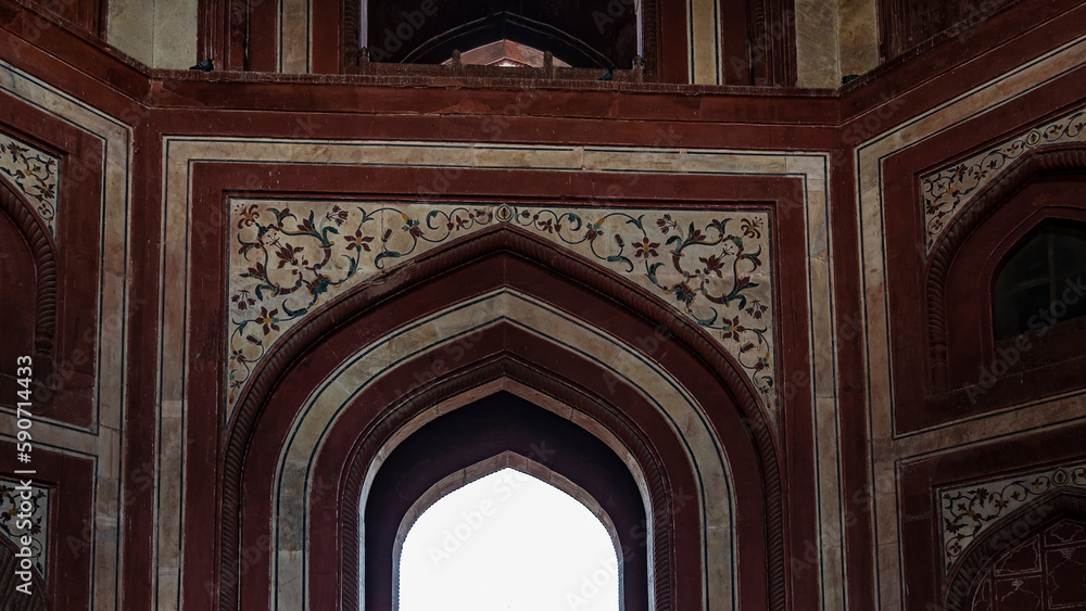 Interior design in the Taj Mahal. The walls are made of red sandstone ...
