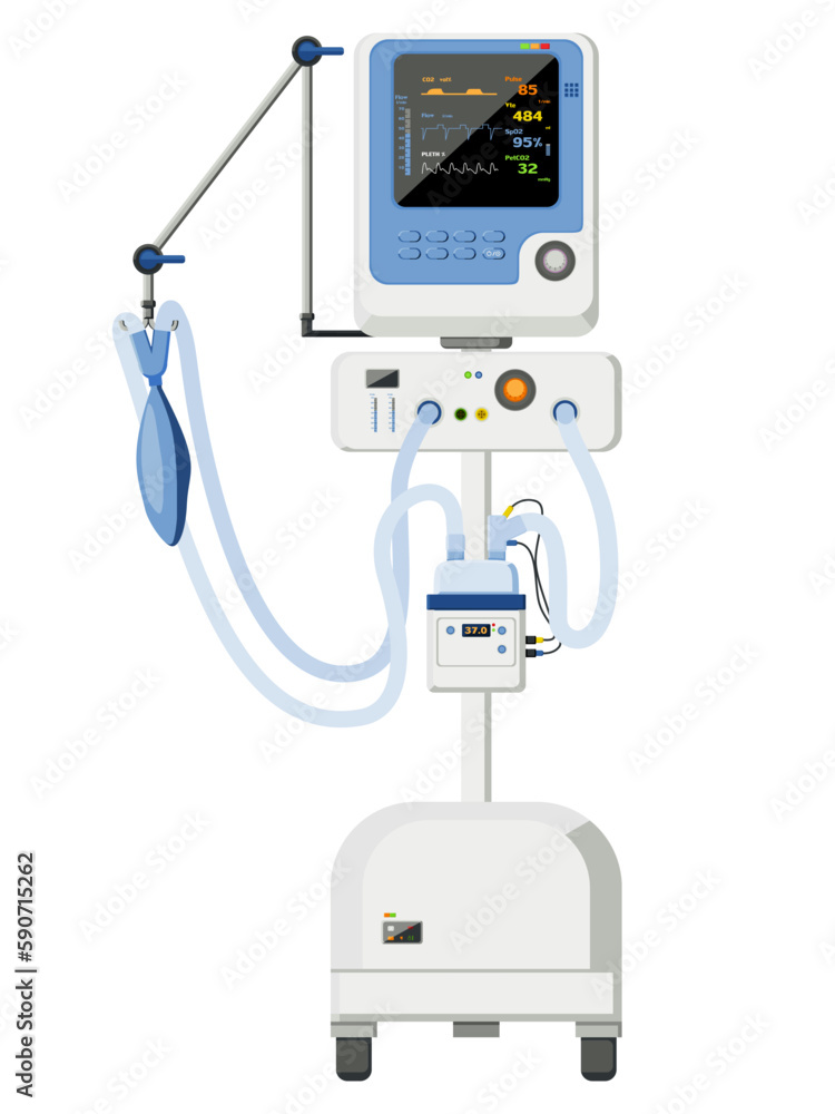 Medical equipment, ventilators on wheelchairs, screens showing patient ...