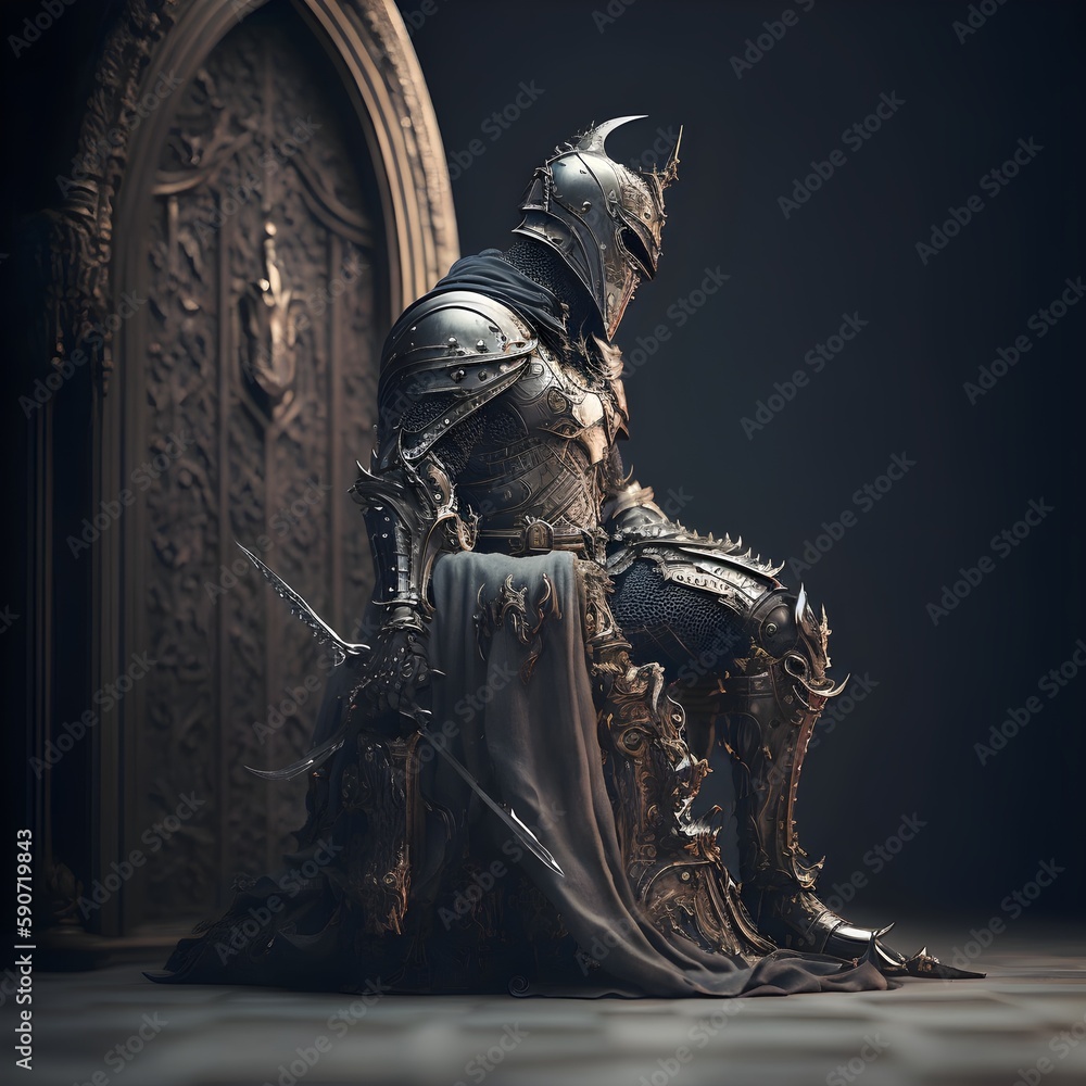 side view a knight with big sword kneeling before huge ornate gothic ...