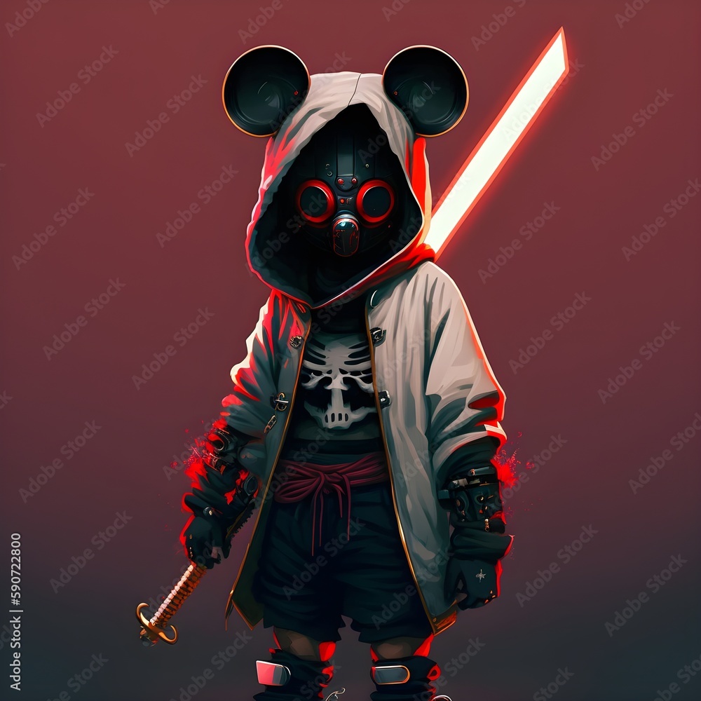 a 3d Pixar teenager wearing a Mickey Mouse ski mask with glowing red ...