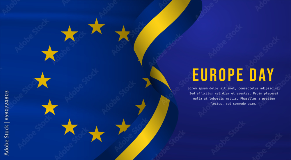 Banner illustration of Europe day celebration with text space. Waving ...