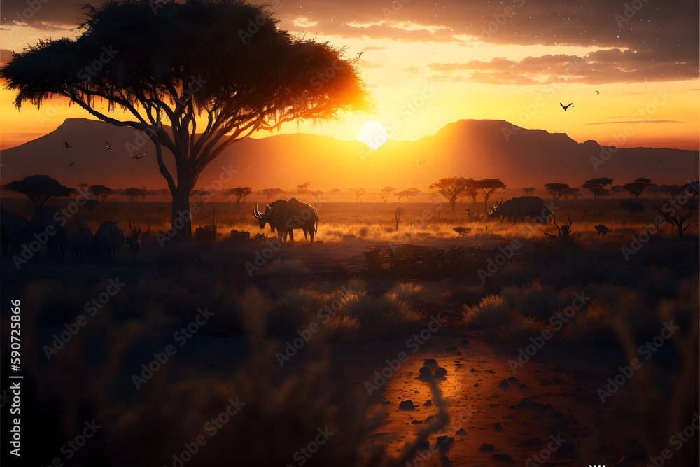 beautiful African sunset with animals real photo intricate details ...