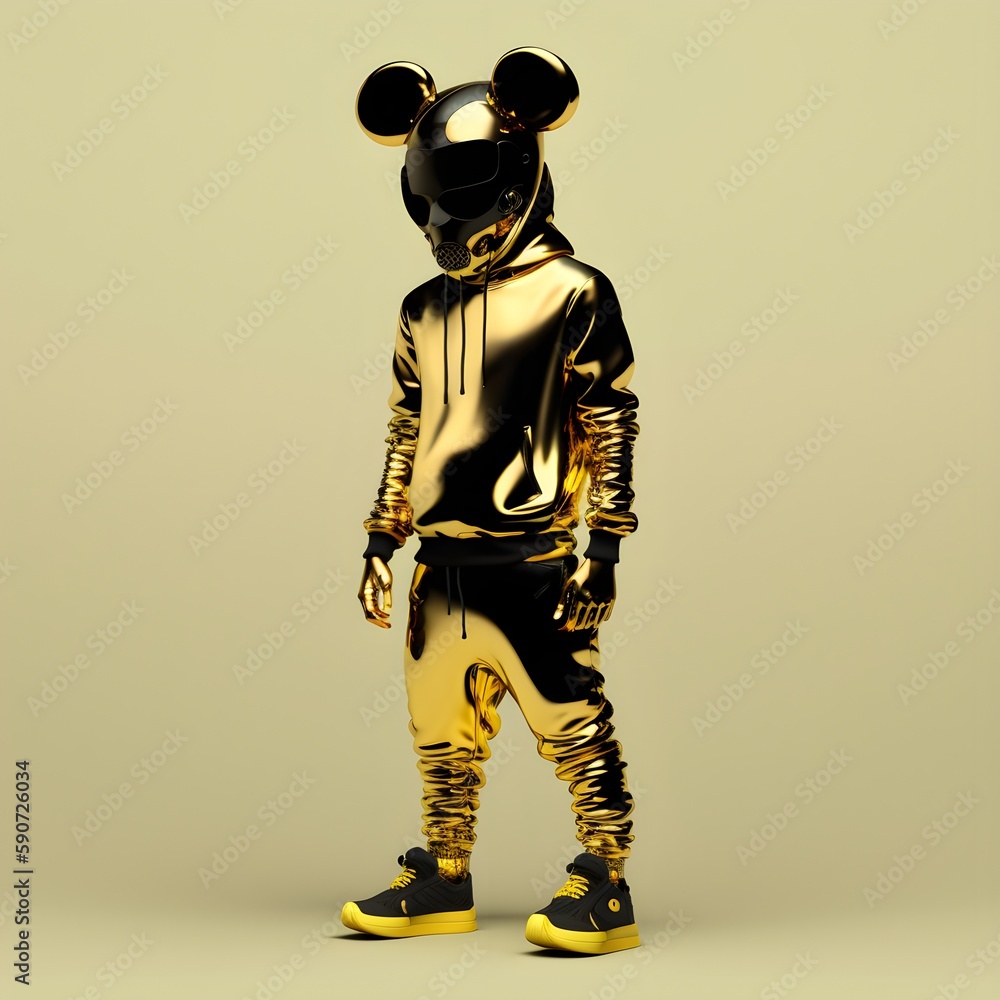 a 3d pixar teen male wearing a shiney gold tracksuite and a black ...