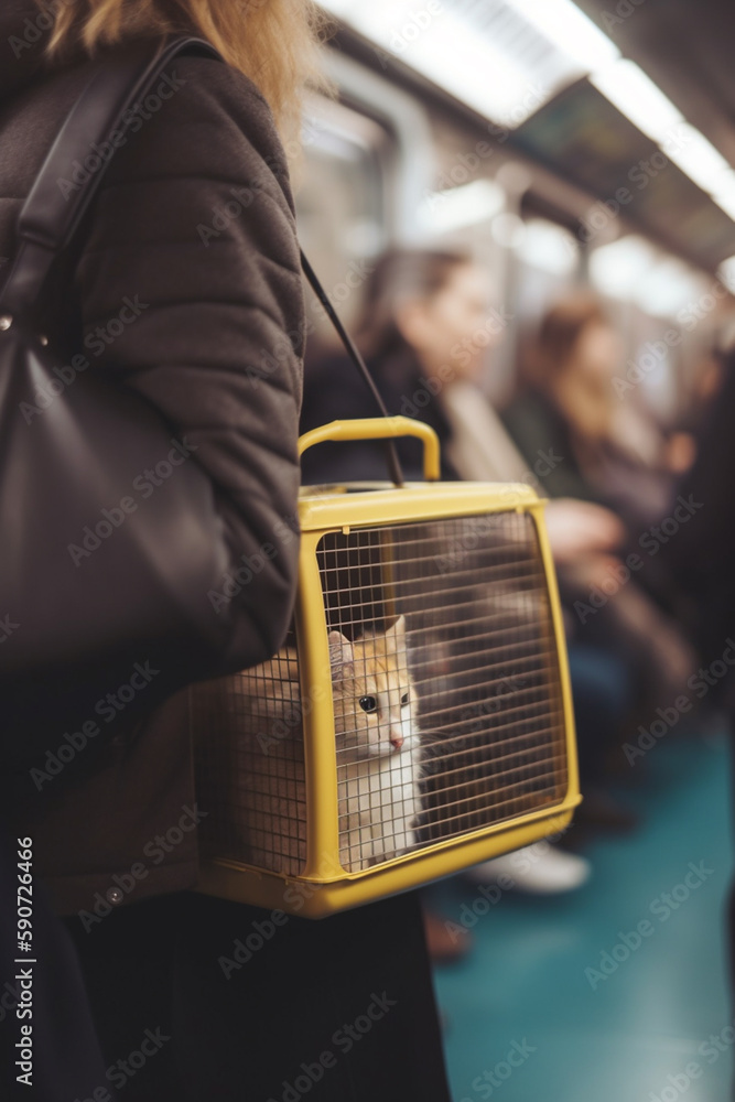 Feline Commuter: A Cat in a Carrier on a Busy Subway Train Stock ...