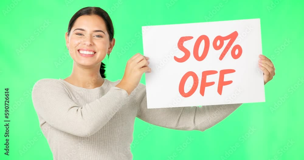 Woman, face and discount sign on green screen, smile and advertising ...