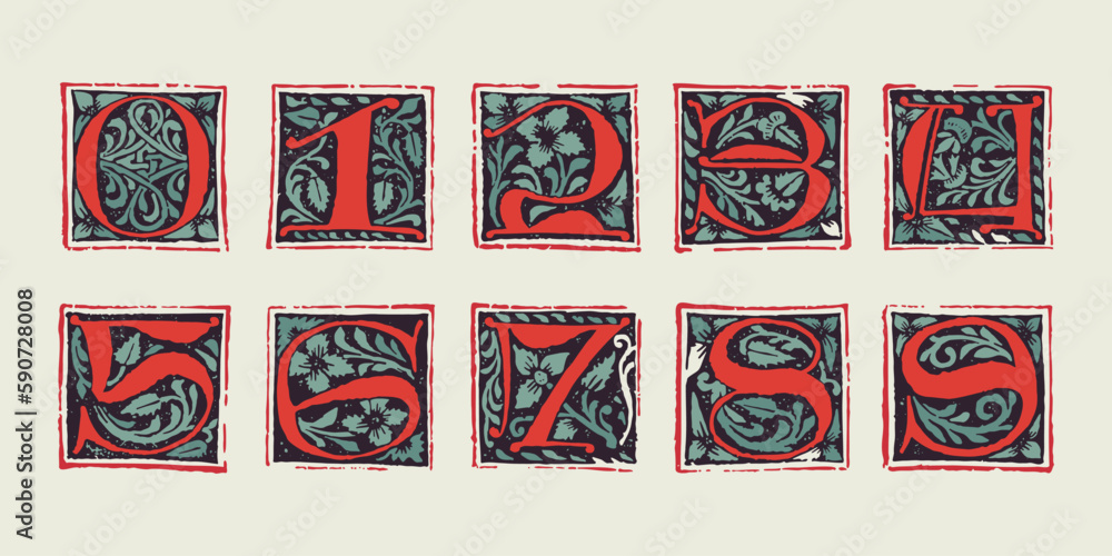 Numbers set of medieval gothic initials. Blackletter style drop cap ...