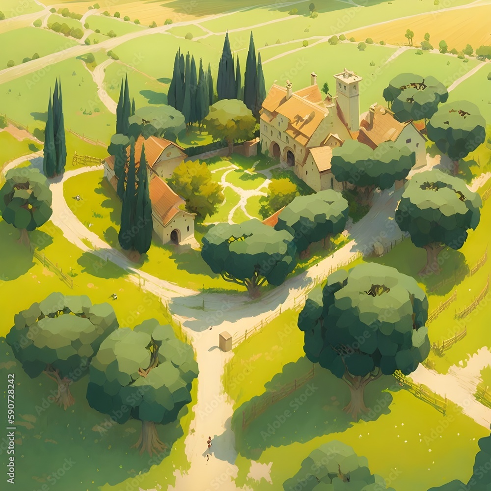 field with trees grass roads and medieval houses aerial perspective ...