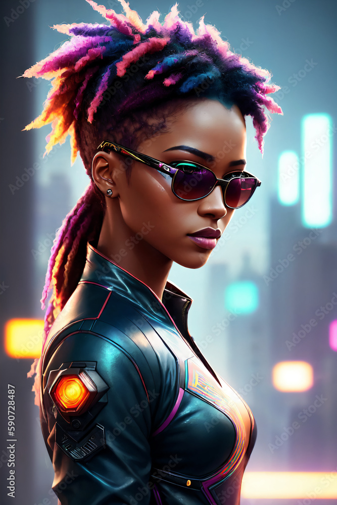 Black woman with neon mohawk and sunglasses, in a futuristic urban ...