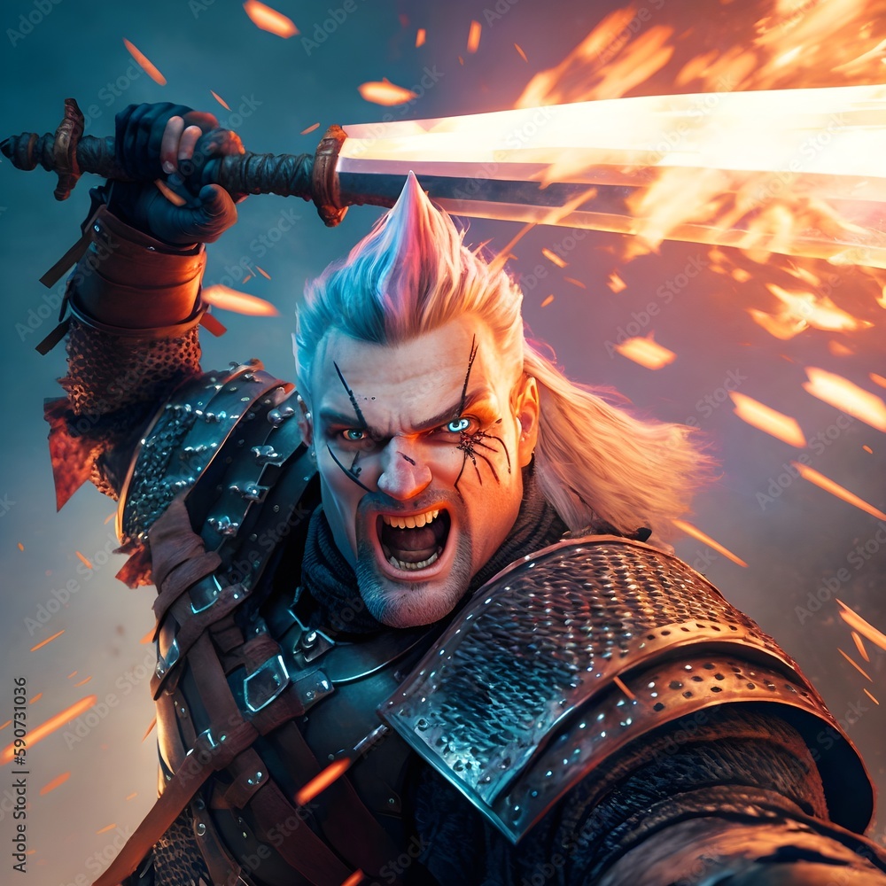 Witcher taking a selfie while swinging sword looking into the camera ...