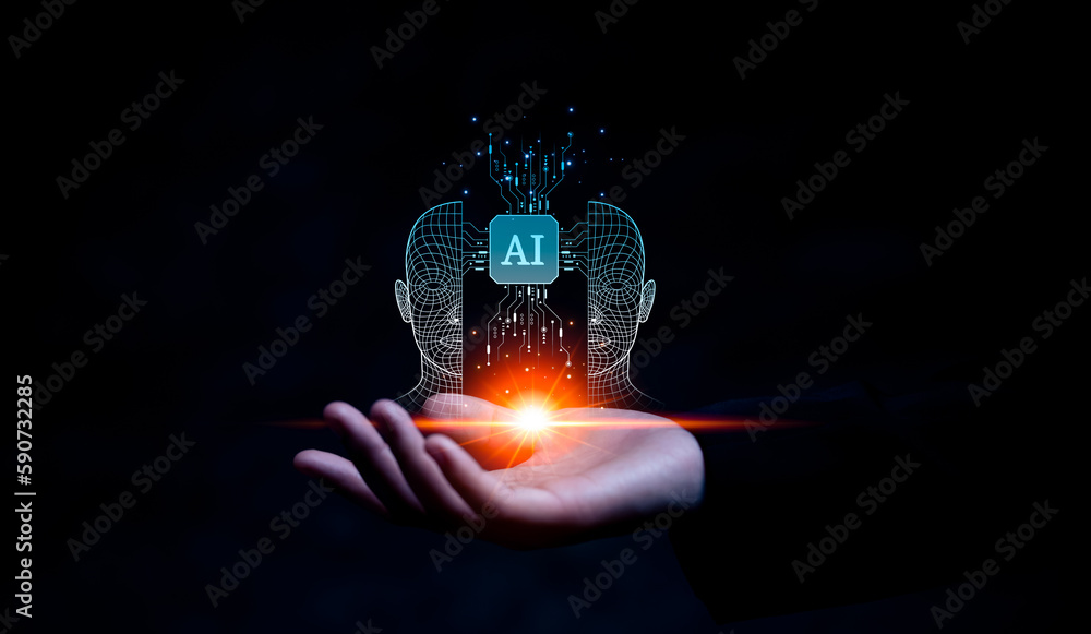 Business hand holding AI icon to digital marketing strategy idea ...