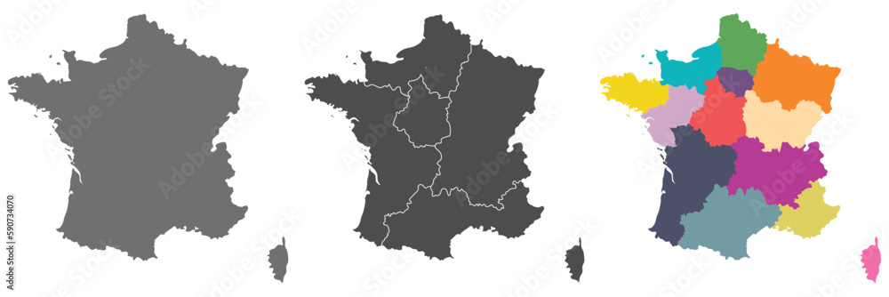 French map set with grey and white outline, administrative multicolor ...