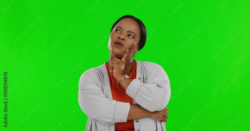 Face, green screen and black woman with ideas, thinking and ponder ...