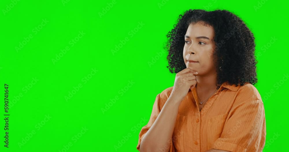 Mockup, green screen and woman with ideas, thinking and doubt against a ...