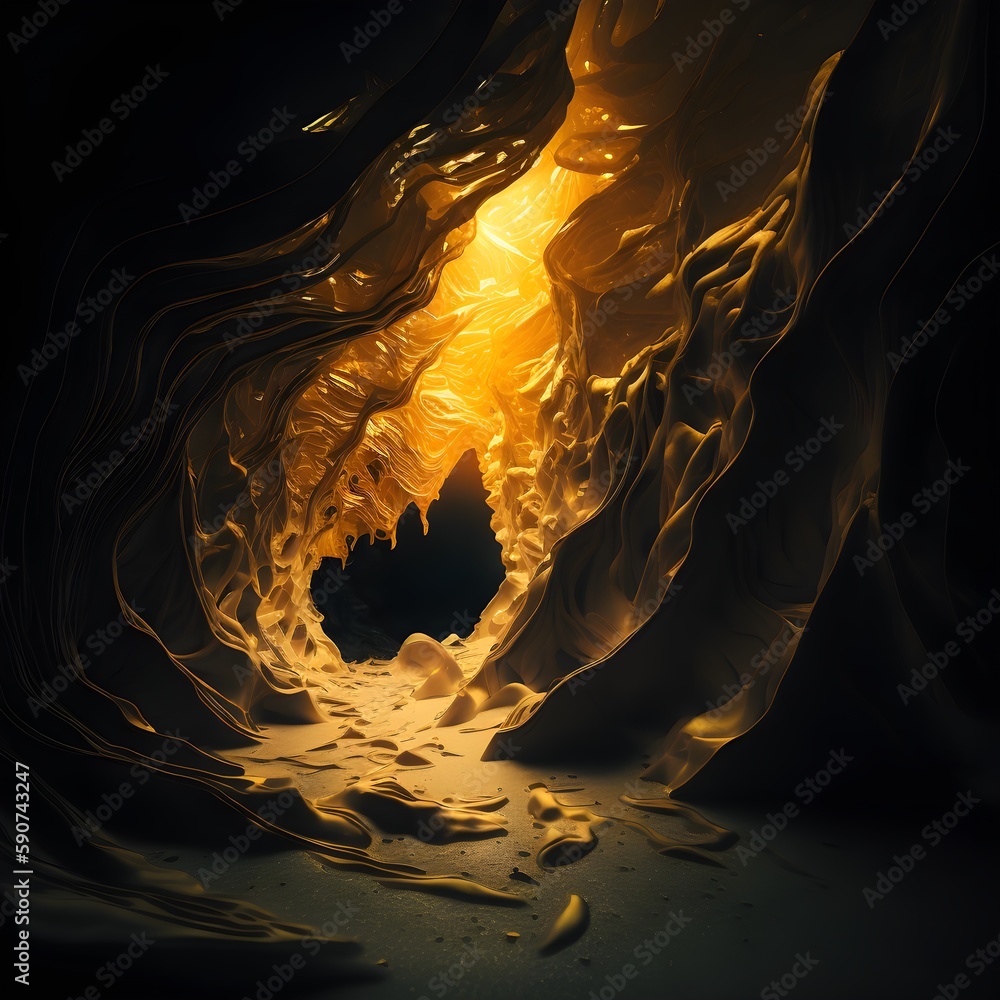 deep inside cave minimal traces of glowing liquid gold flowing in cave ...