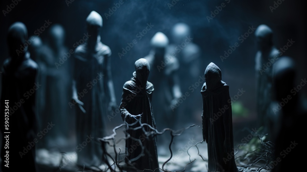 a group of people standing in a dark room with ghost like figures ...