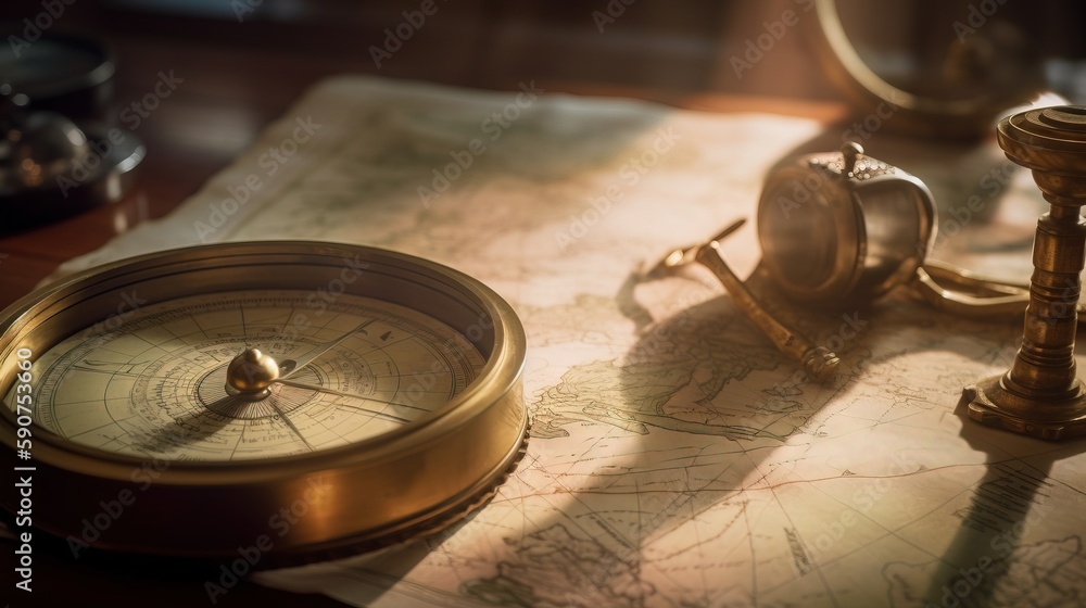 a compass, a magnifying glass, and a pocket watch are on a map with a ...