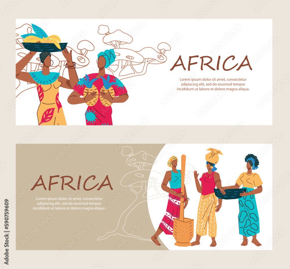 Africa banners or posters bundle with women in traditional dress, flat ...