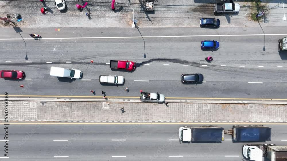 Two cars accident on the Road. Top view shot of two crushed cars on the ...