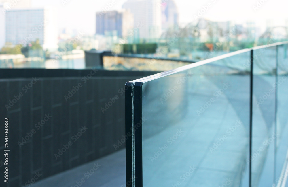Frameless laminated glass railing outdoor. Stock Photo | Adobe Stock