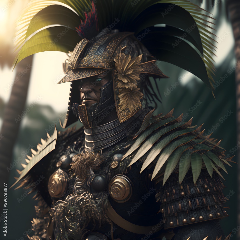 a samurai wearing armor made with native Hawaiian and tiki elements ...