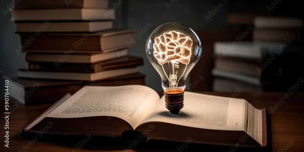 Bright light bulb with glowing brain and book, innovation idea, Self learning or education ...