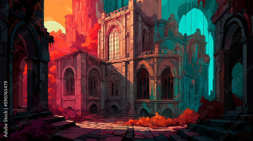 romantic ruins, realistic color palette, stained glass, concept art ...
