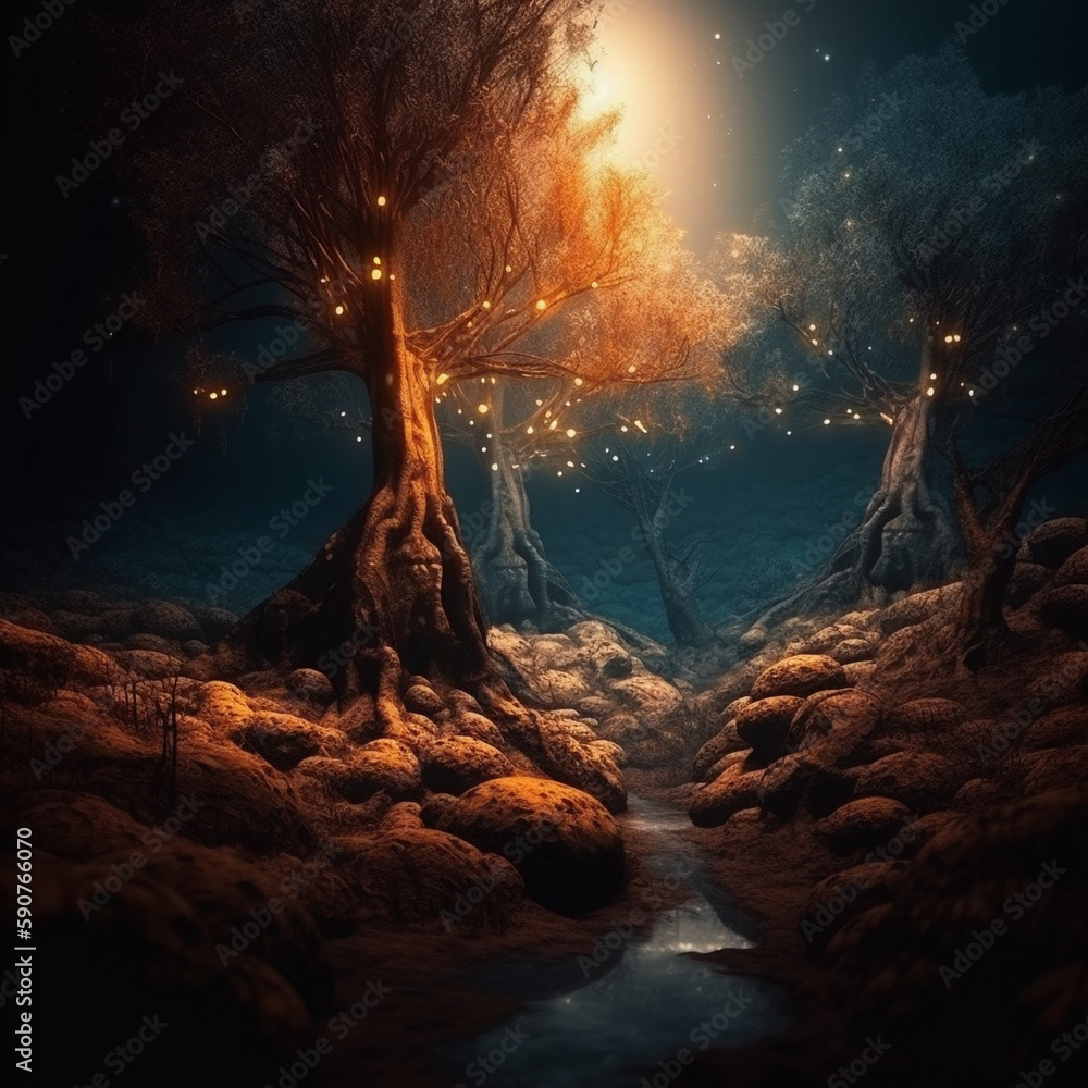 Trees with glowing branches mini forest, fantasy world, dramatic scene ...