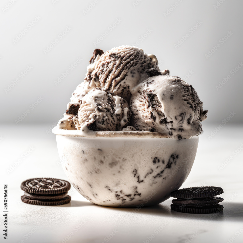 a round scoop of cookies and cream ice cream perfectly illuminated by ...