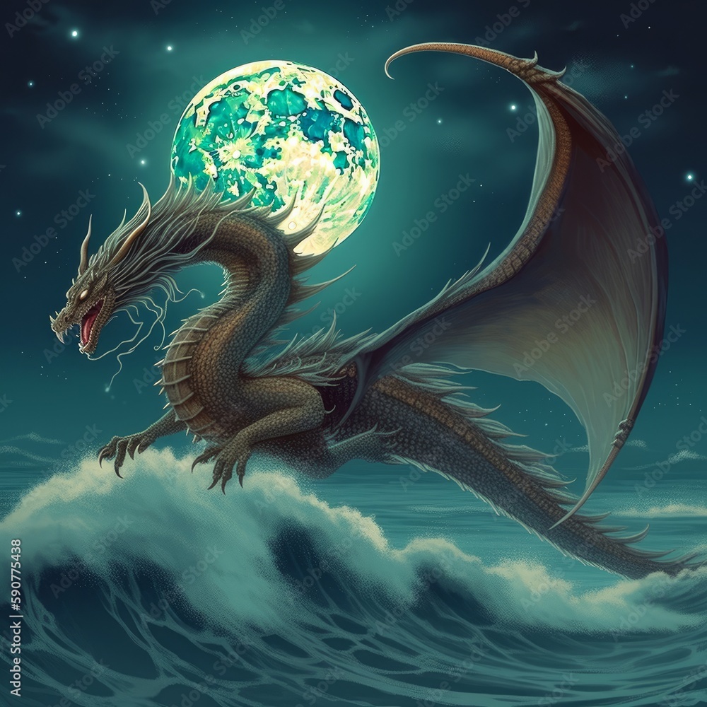 dragon at night on a mountain with a full moon in the background ...