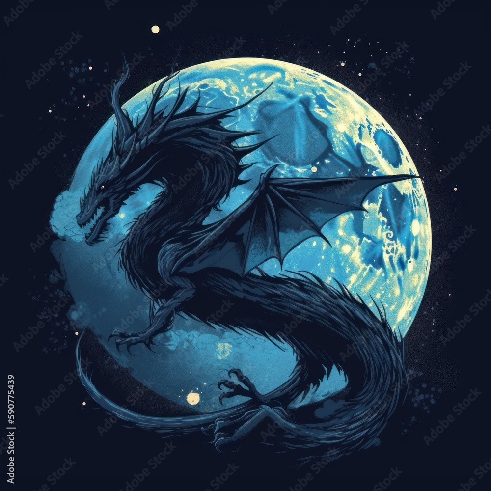 dragon at night on a mountain with a full moon in the background ...