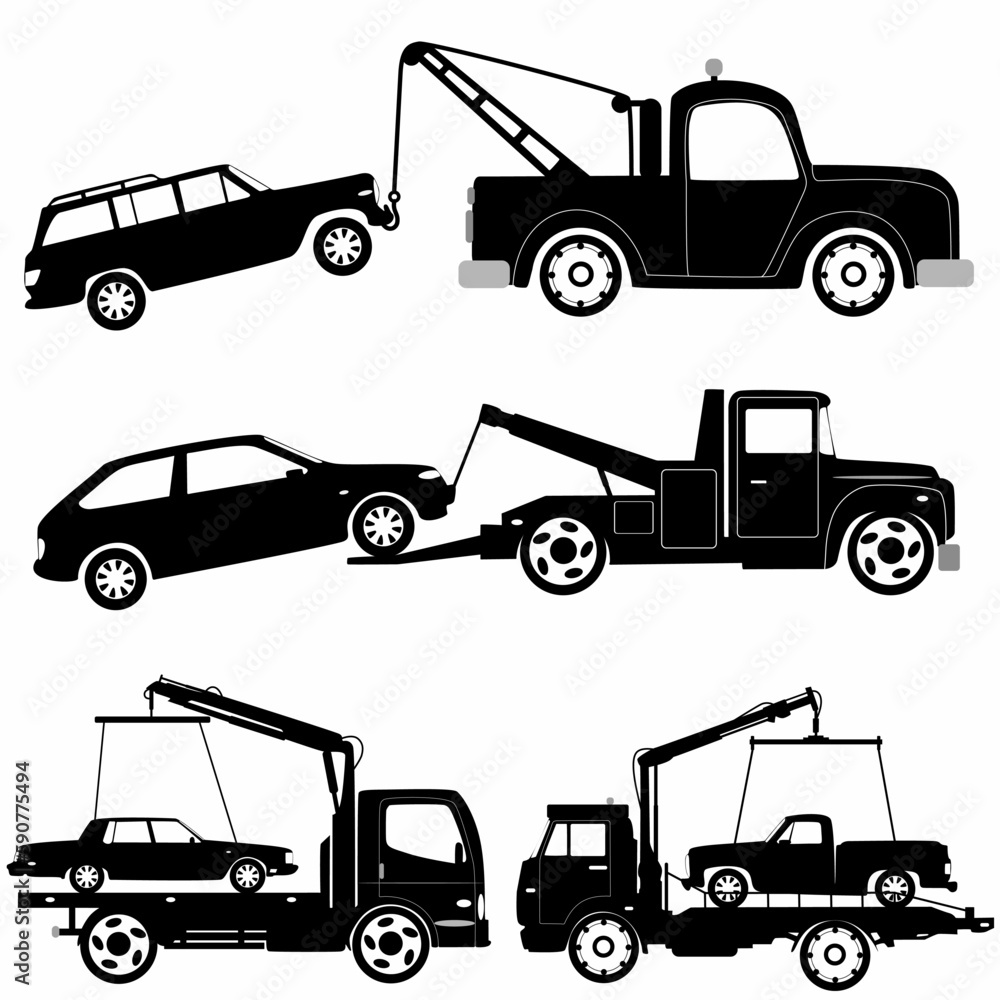 Tow truck silhouettes, vehicles set side view, logos, icons Stock ... Tow truck silhouettes, vehicles set side view, logos, icons Stock ...