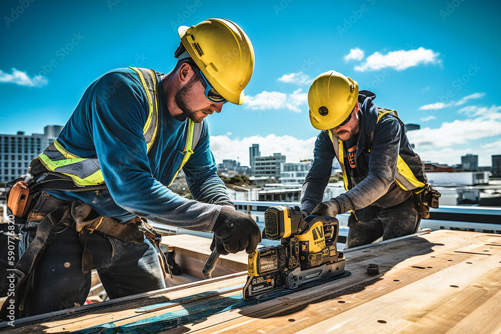 Two workers with tools and hard hats on a roof executing a generic job ...