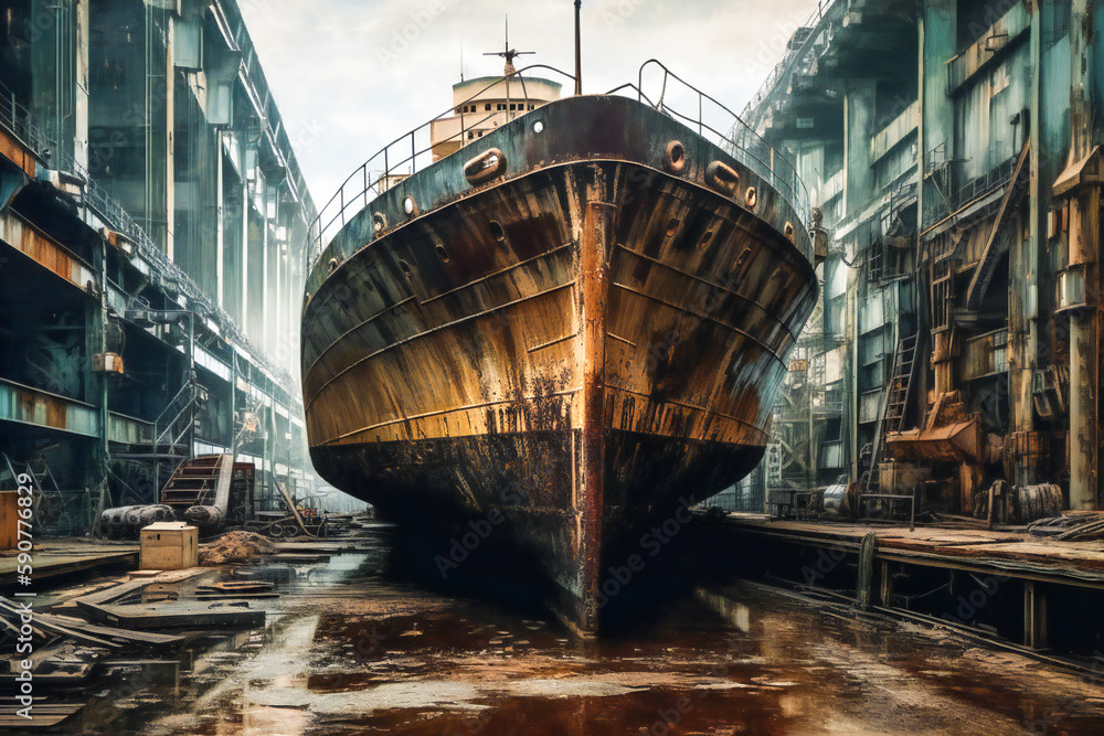 Old rusty ship under repair on dry dock. Created with Generative AI ...