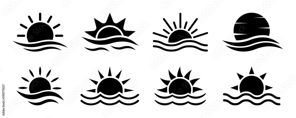 Set of sun with waves vector icons. Abstract sunset. Sea or ocean wave ...