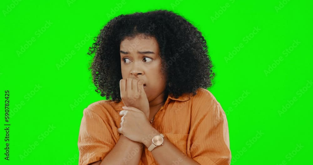 Stress, shock and face of a woman on a green screen isolated on a ...
