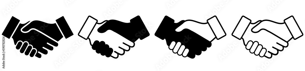 Collaboration and business dealing handshake icons set useful for ...