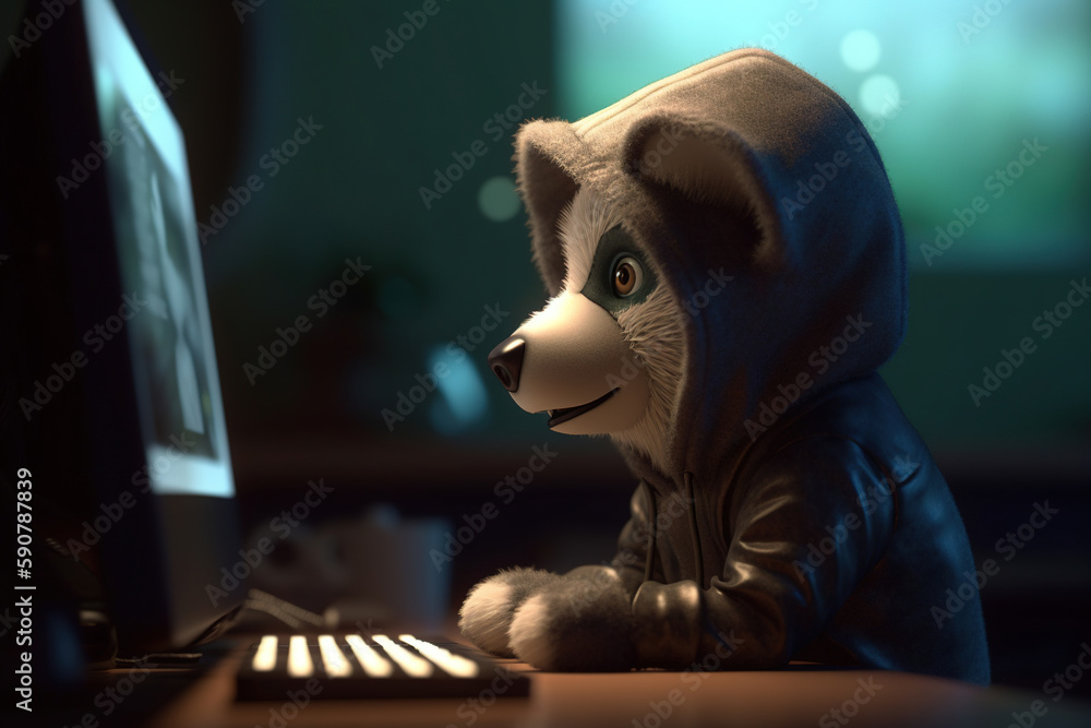 Anthropomorphic tiny cute and adorable baby wolf, hacker, wearing a ...