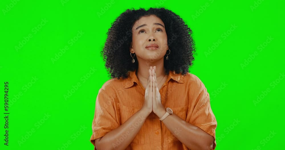 Praying, woman and green screen with hope, anxiety and stress with ...