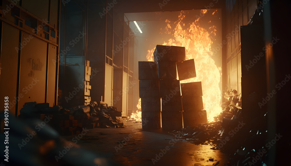 Logistics warehouse burning. Concept Fire incident insured event ...