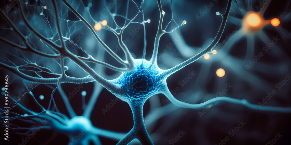 Nerve cell biology background, neuron of brain with synapses stroke ...