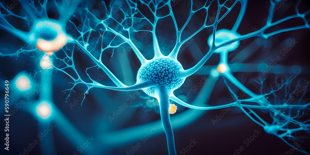 Nerve cell blue color banner, system neuron of brain with synapses ...