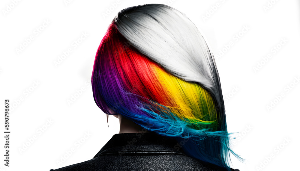 Back view beautiful woman with creative hairstyle multi colored hair on ...