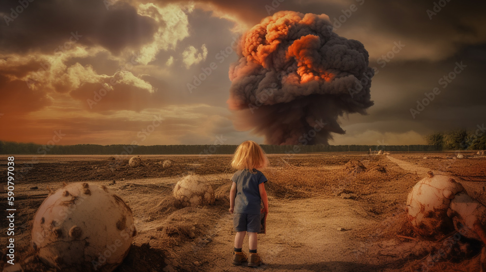 A child in a dystopian world alone in the face of disaster created with ...
