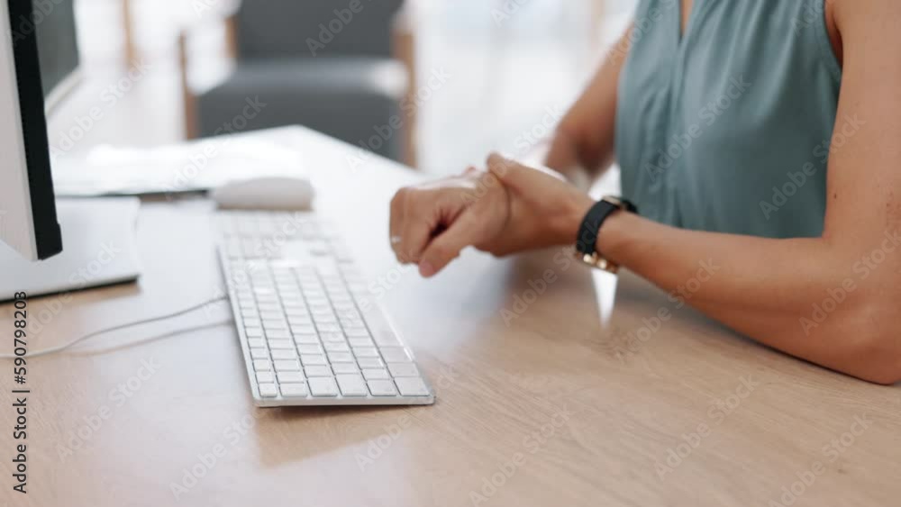 Business woman, hands and wrist pain from typing injury, accident or ...