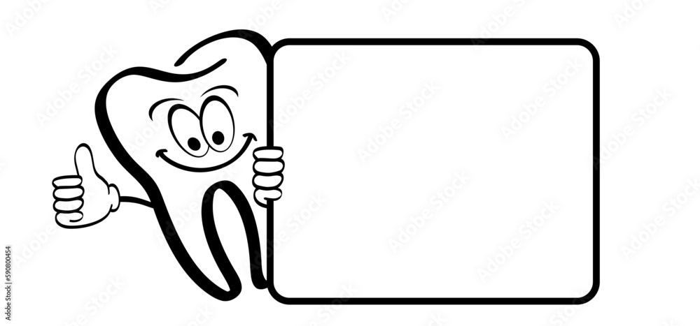 Text board. Cartoon tooth with gums and empty sigboard, Molar logo ...