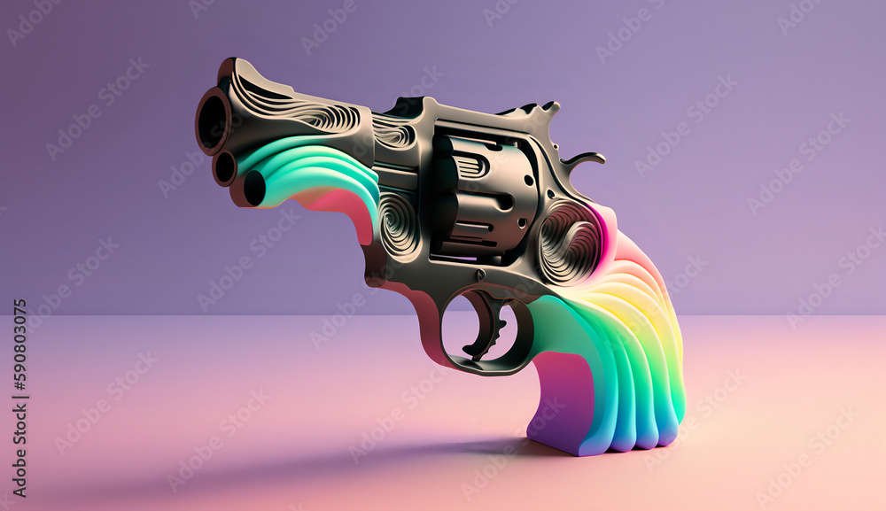 Colored 3d gun. Pastel and soft colored background. Rainbow flag symbol ...