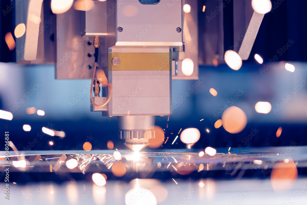 Industrial CNC Laser background with light spark, industry machine ...